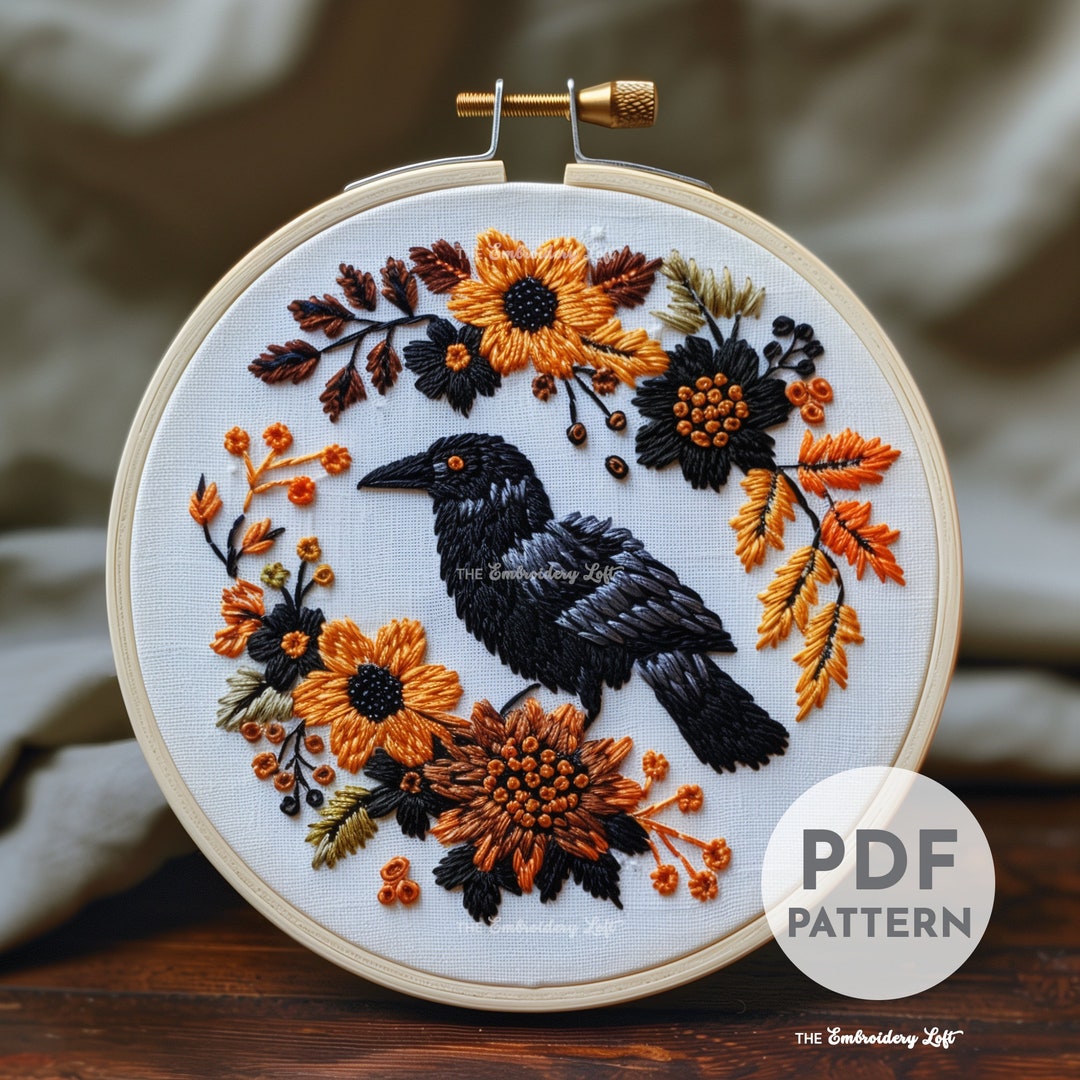 Autumn Raven Hand Embroidery Pattern, Raven Pattern, Autumn Bird ...