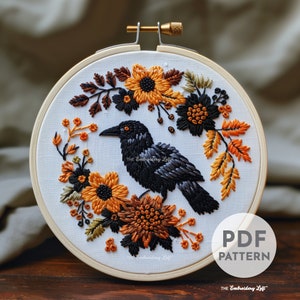 Autumn Raven Hand Embroidery Pattern, Raven Pattern, Autumn Bird ...