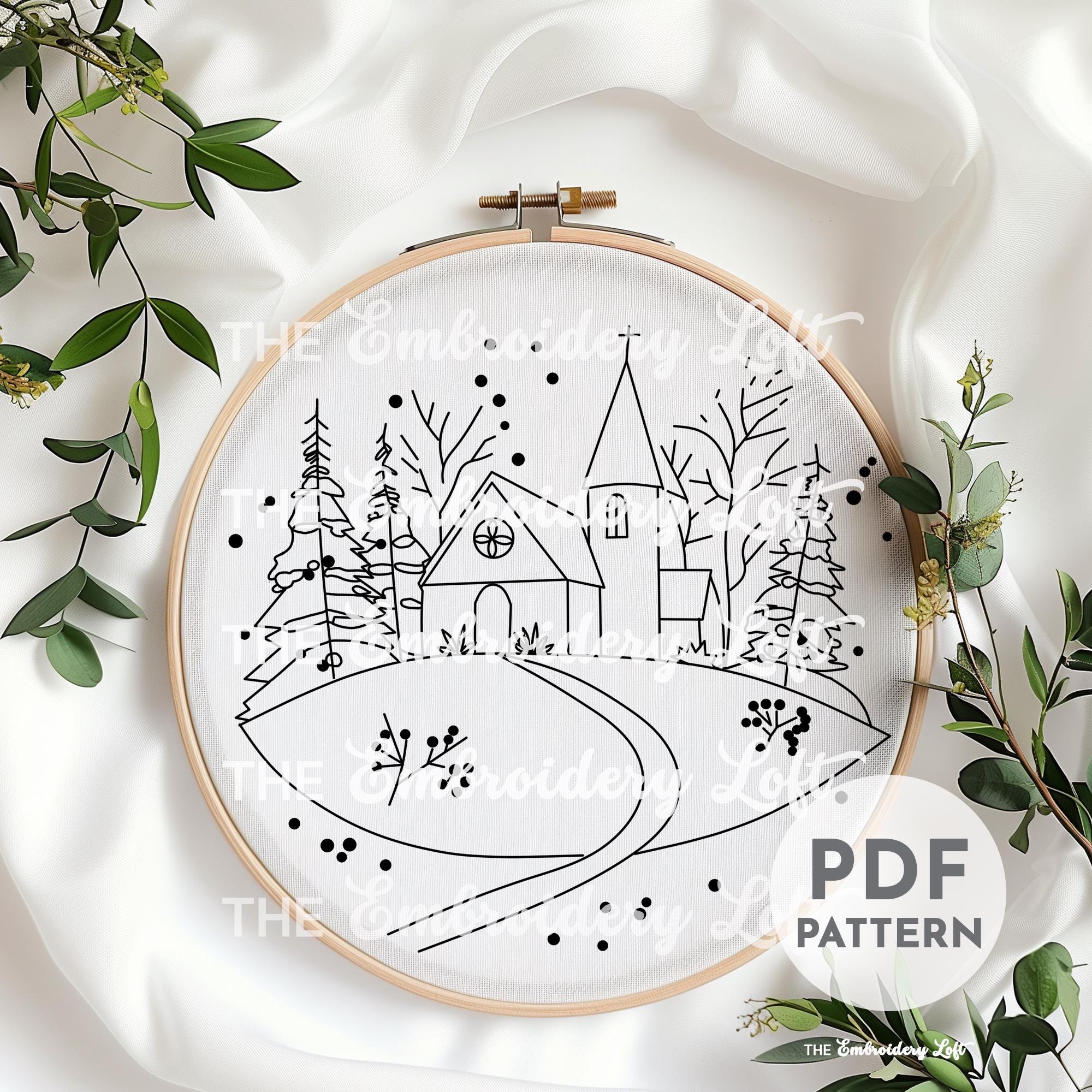 Winter Church Hand Embroidery Pattern, Christmas Church Embroidery ...