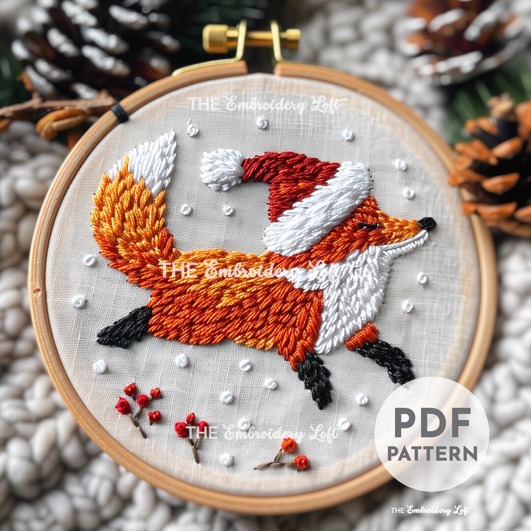 Winter Fox Hand Embroidery Pattern, Fox With Santa Hat Design ...