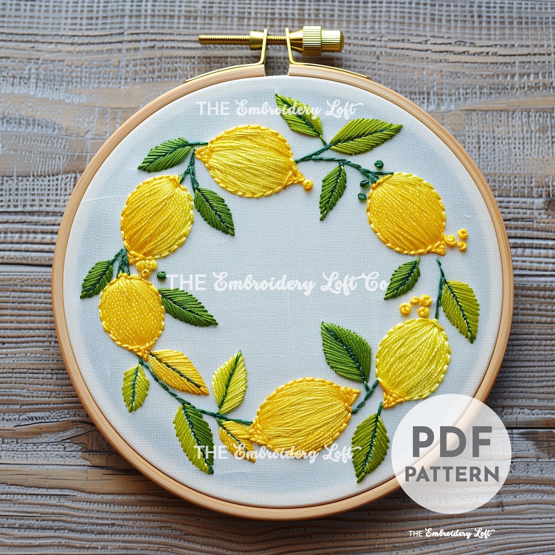 Lemon Wreath Hand Embroidery Pattern, Lemon Design, Lemon Embroidery ...