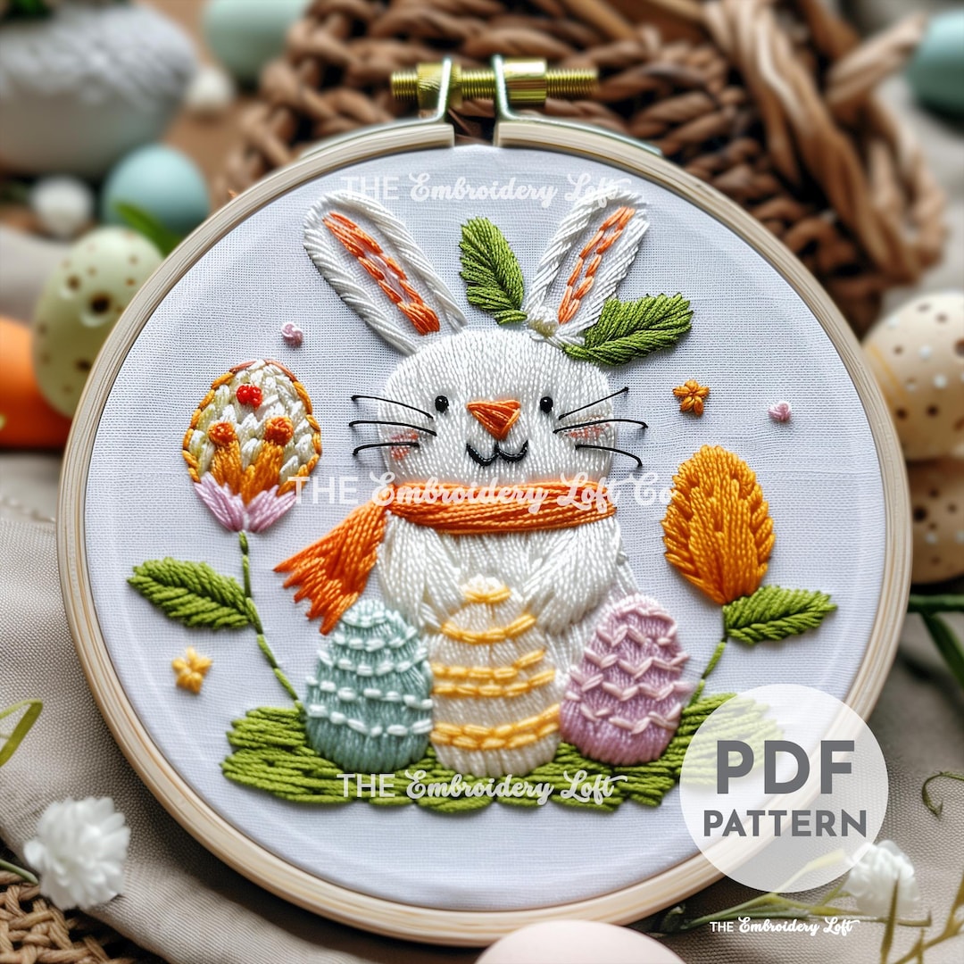 Easter Bunny Hand Embroidery Pattern, Cartoon Bunny, Floral Bunny ...