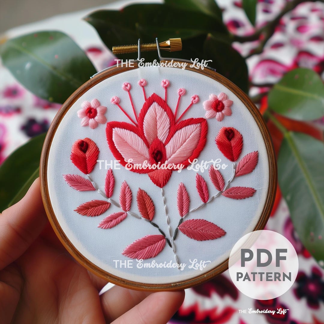 Pink Folk Flower Hand Embroidery Pattern, Folk Art Embroidery Pattern ...