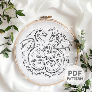 Twin Dragons Hand Embroidery Pattern, Dragon Embroidery Pattern ...