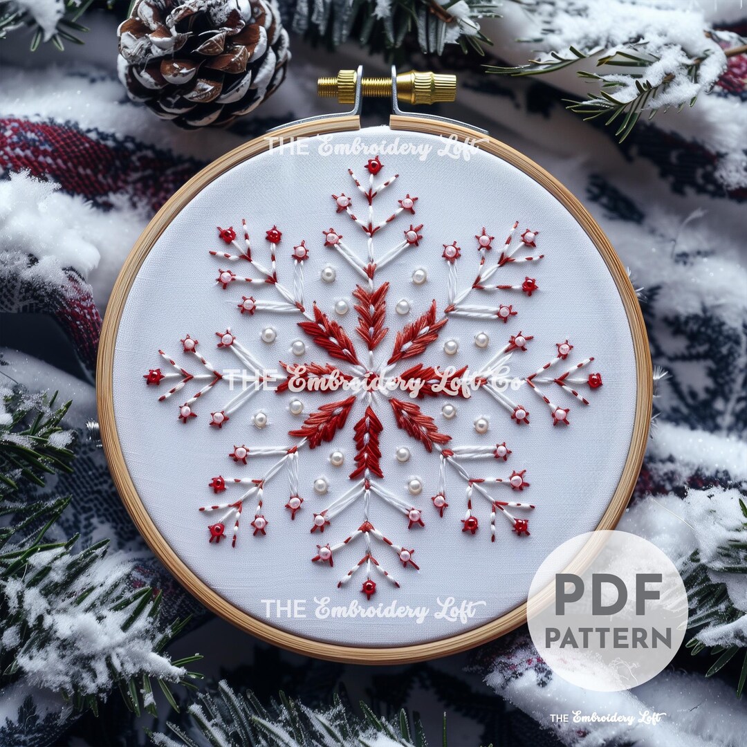 Red and White Snowflake Hand Embroidery Pattern, Christmas Embroidery ...