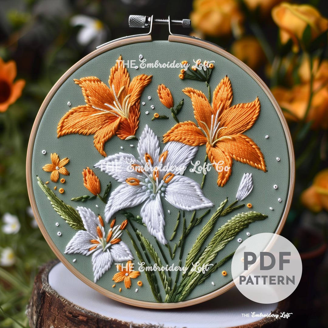 Orange and White Lilies Hand Embroidery Pattern, Lilies Pattern, Lily ...