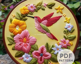 Summer Hummingbird Hand Embroidery Pattern, Hummingbird Pattern, Bird ...