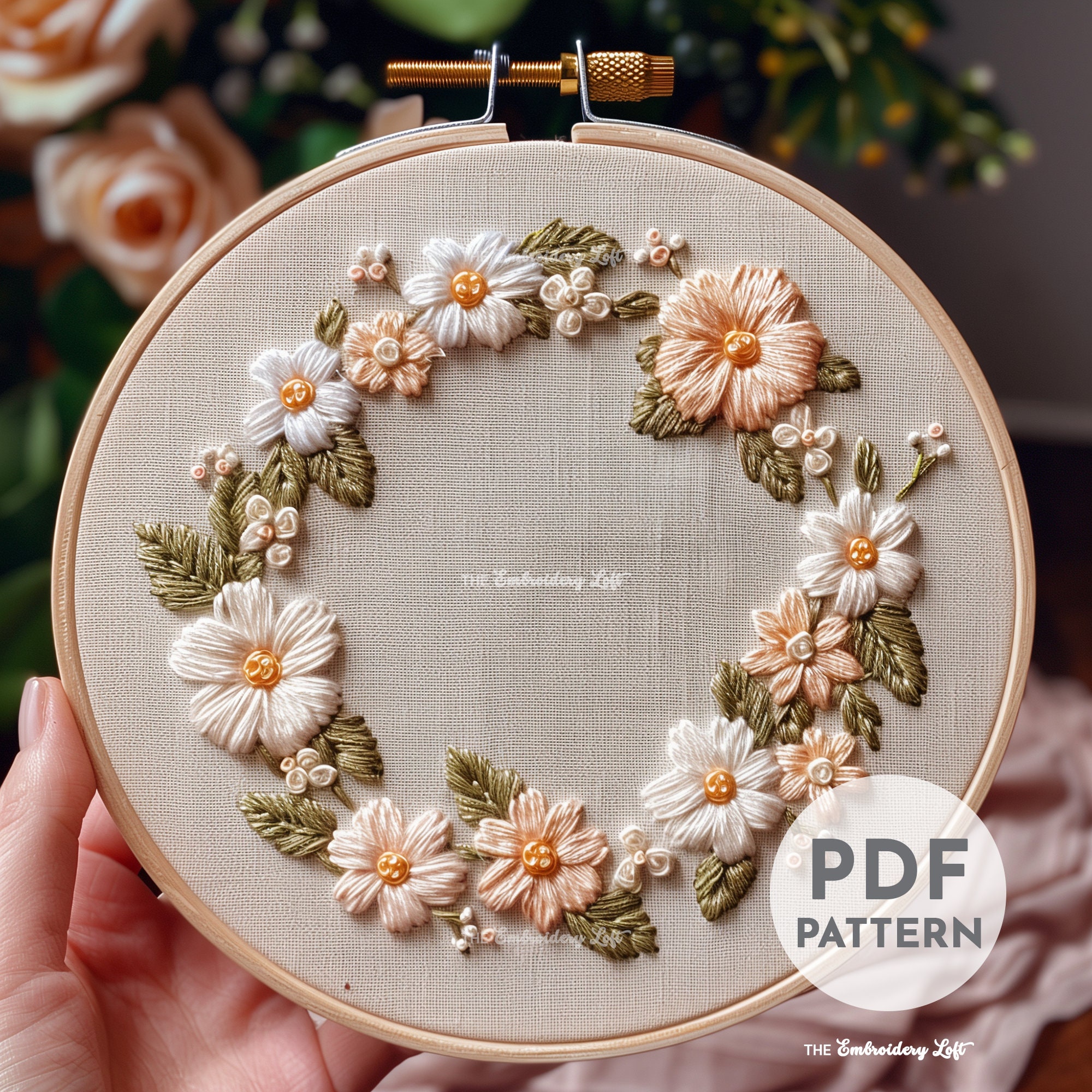 Peachy Wreath Hand Embroidery Pattern, Peach Color, Flower Design ...