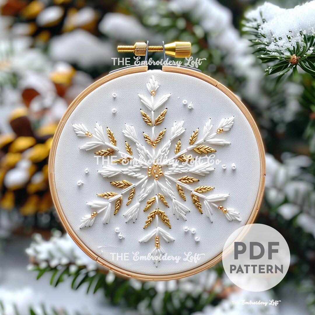 Gold and White Snowflake Hand Embroidery Pattern, Christmas Embroidery ...
