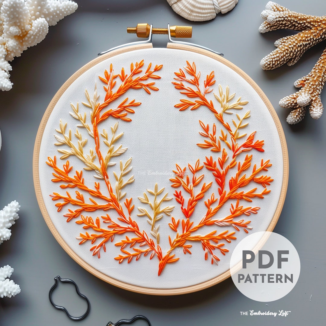 Coral Wreath Hand Embroidery Pattern, Orange Coral Pattern, Ocean ...