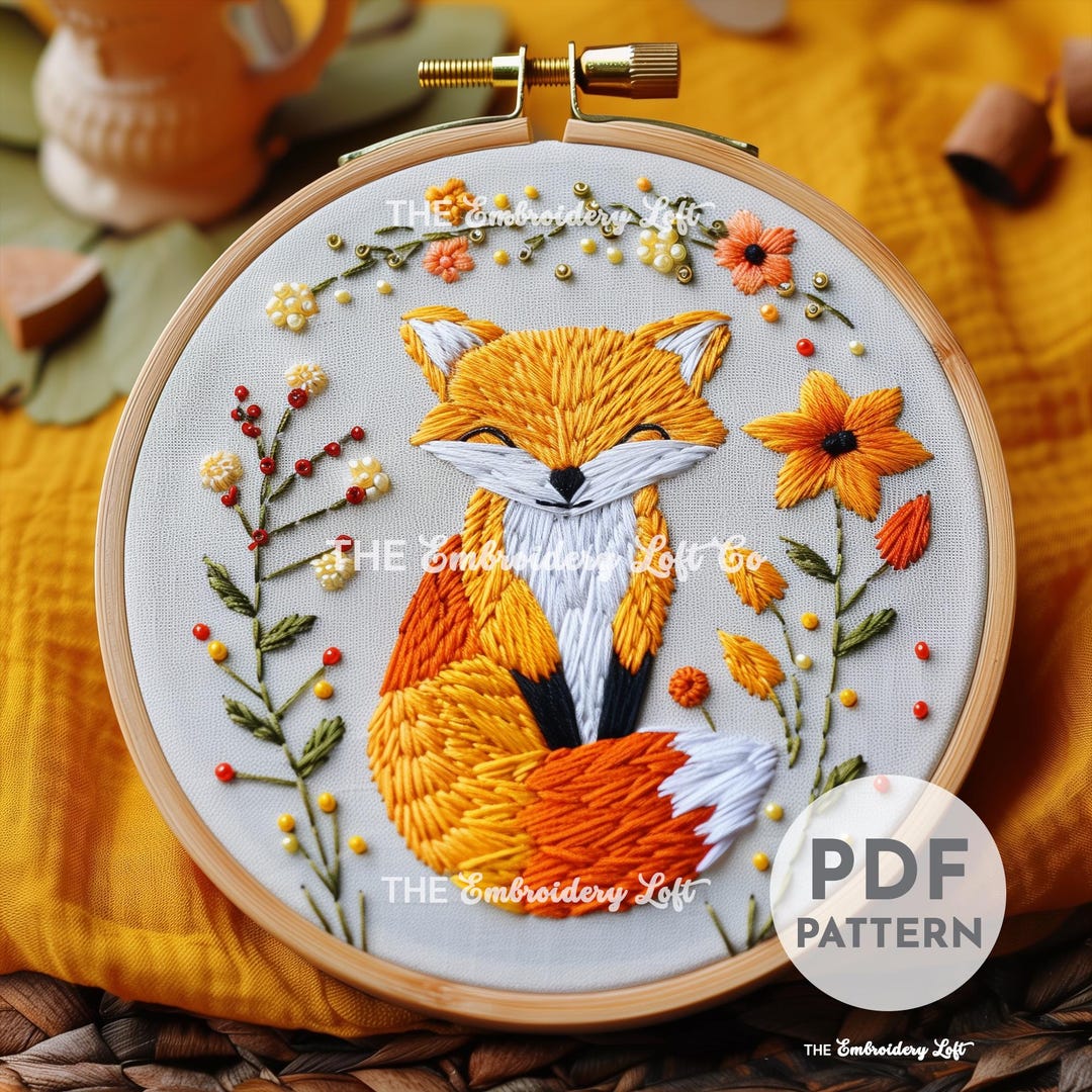 Cute Fox Hand Embroidery Pattern, Floral Fox Pattern, Baby Fox Pattern ...