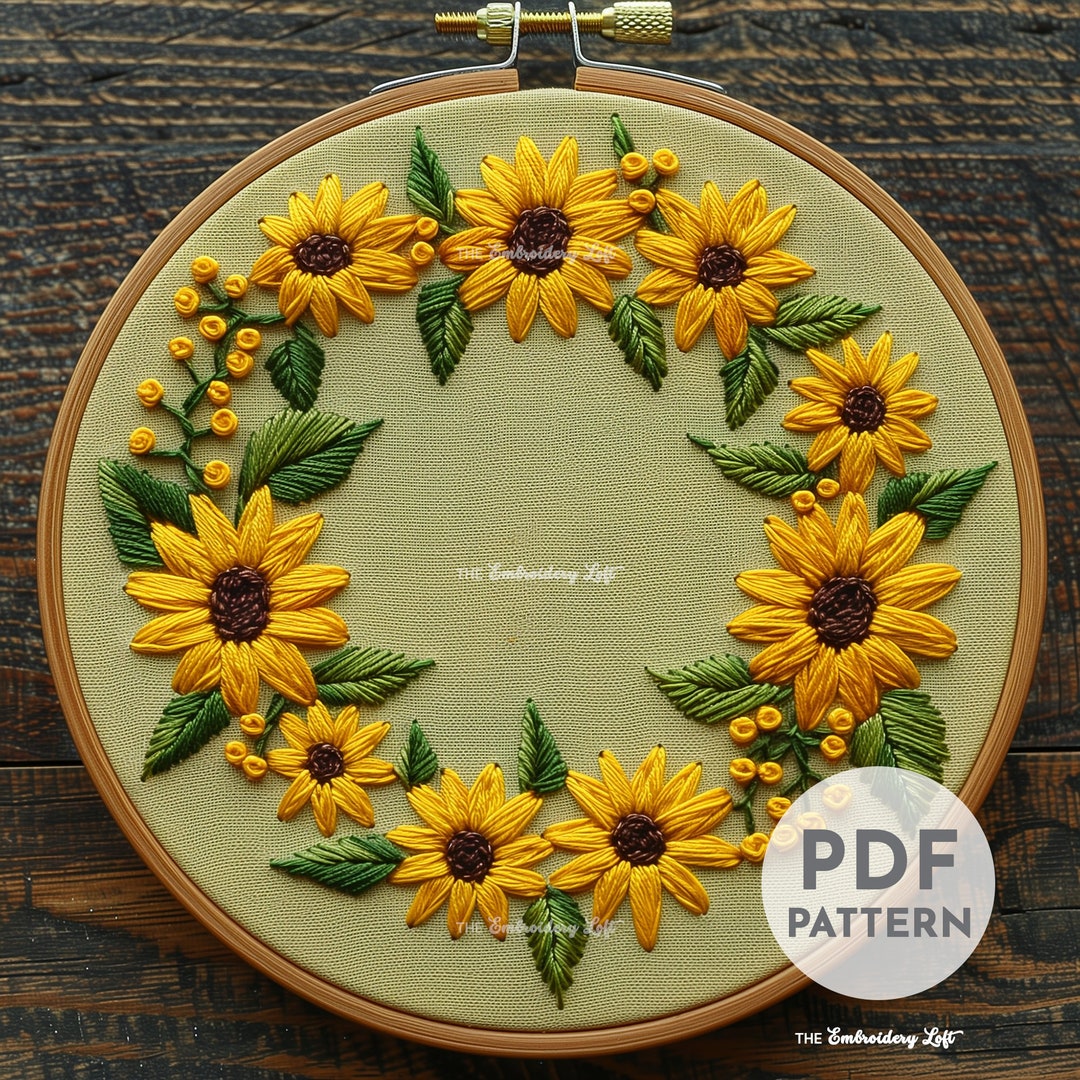 Sunflower Wreath Hand Embroidery Pattern, Sunflower Design, Sunflower ...