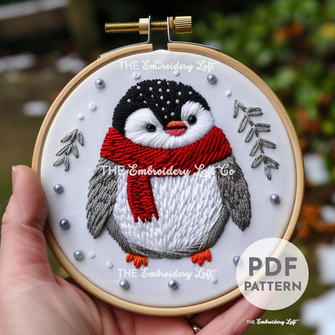 Cute Penguin Hand Embroidery Pattern, Christmas Embroidery Pattern ...