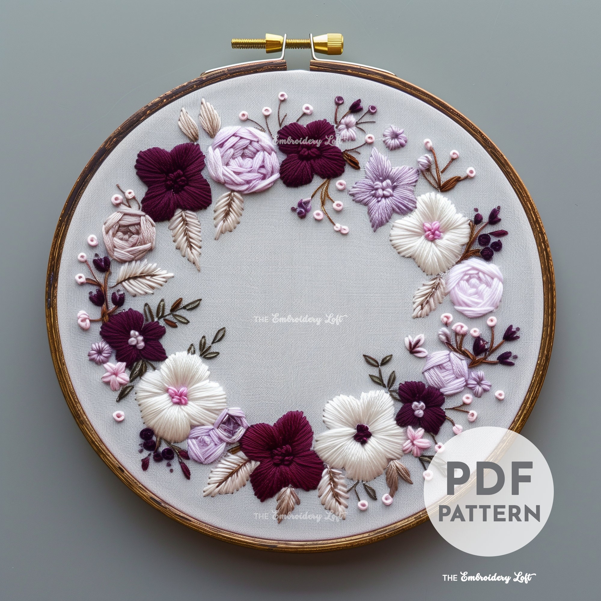 Purple Wreath Hand Embroidery Pattern, Rose Embroidery, Flower Design ...