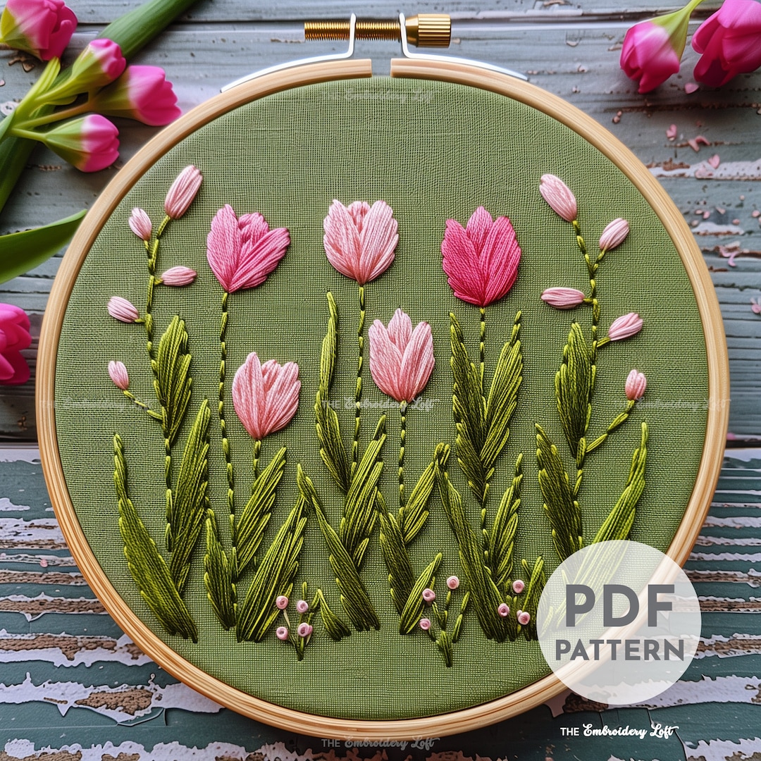 Pink Tulips Hand Embroidery Pattern, Tulip Pattern, Tulip Embroidery ...
