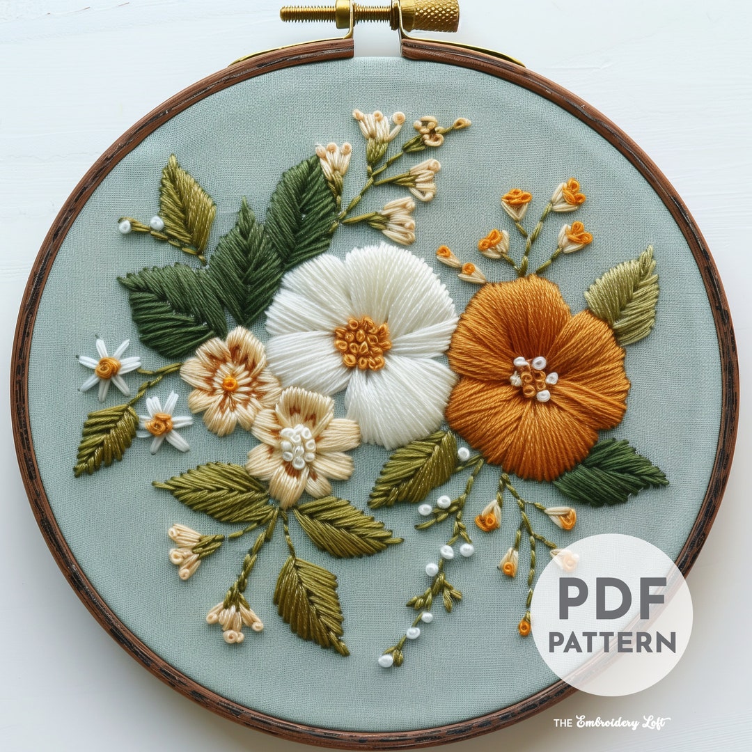 Summer Blossom Hand Embroidery Pattern, White and Orange Flowers ...