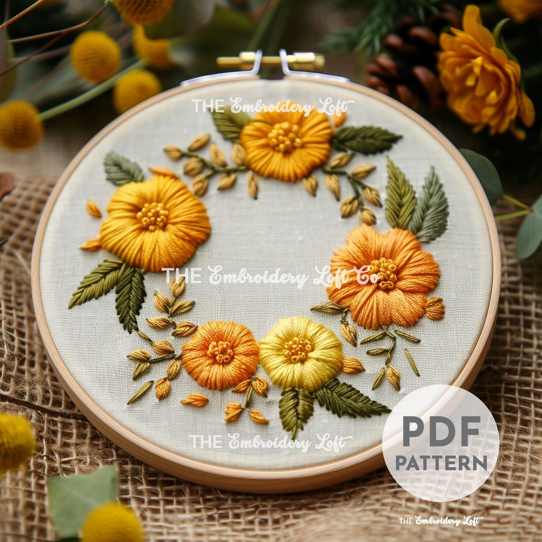 Marigold Wreath Hand Embroidery Pattern, Marigold Flower Botanical Art ...