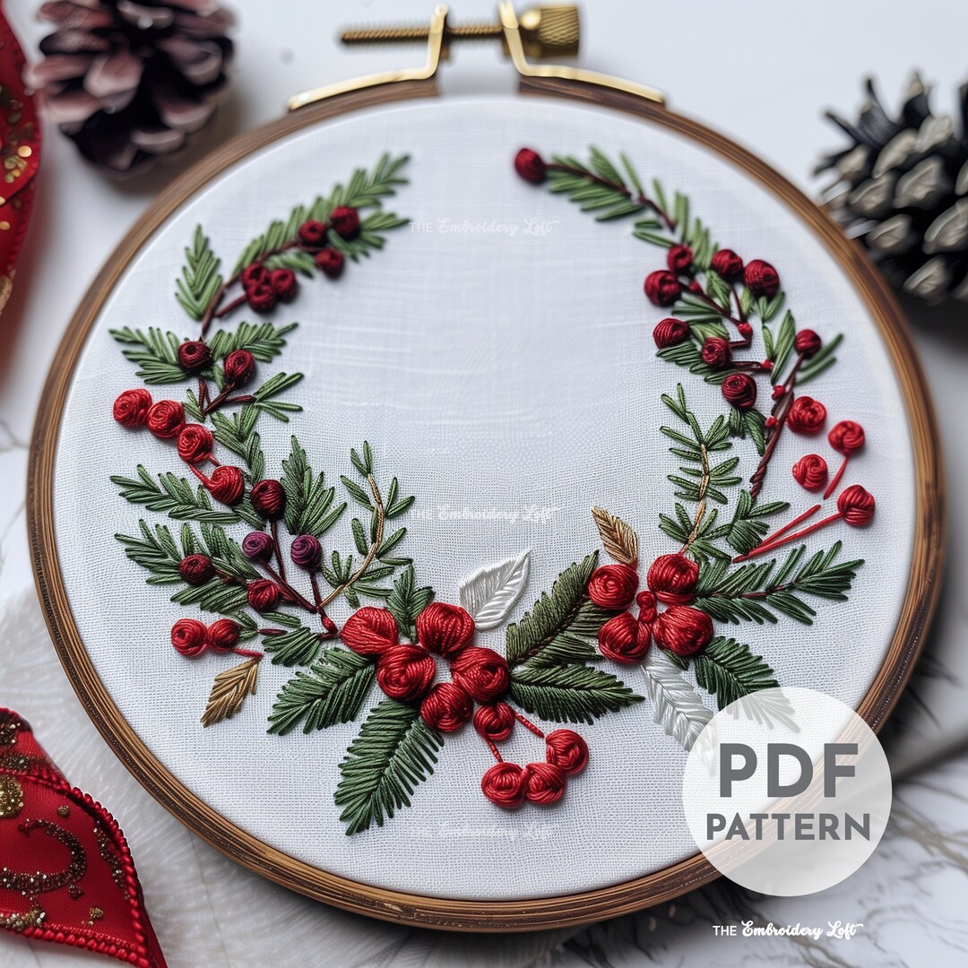 Winter Wreath Hand Embroidery Pattern, Mistletoe Wreath, Christmas ...