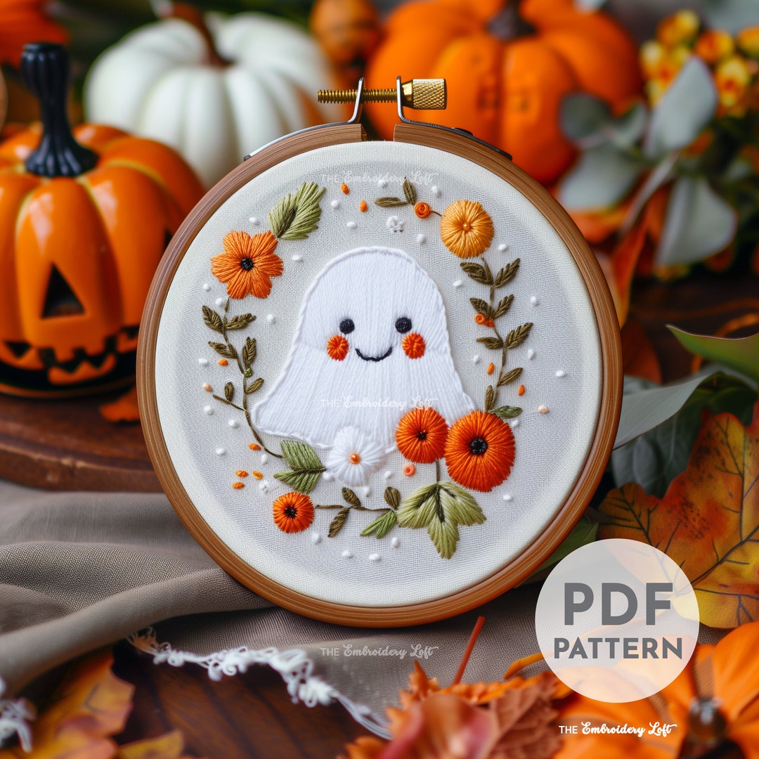 Floral Ghost Hand Embroidery Pattern, Cute Ghost Design, Witch ...