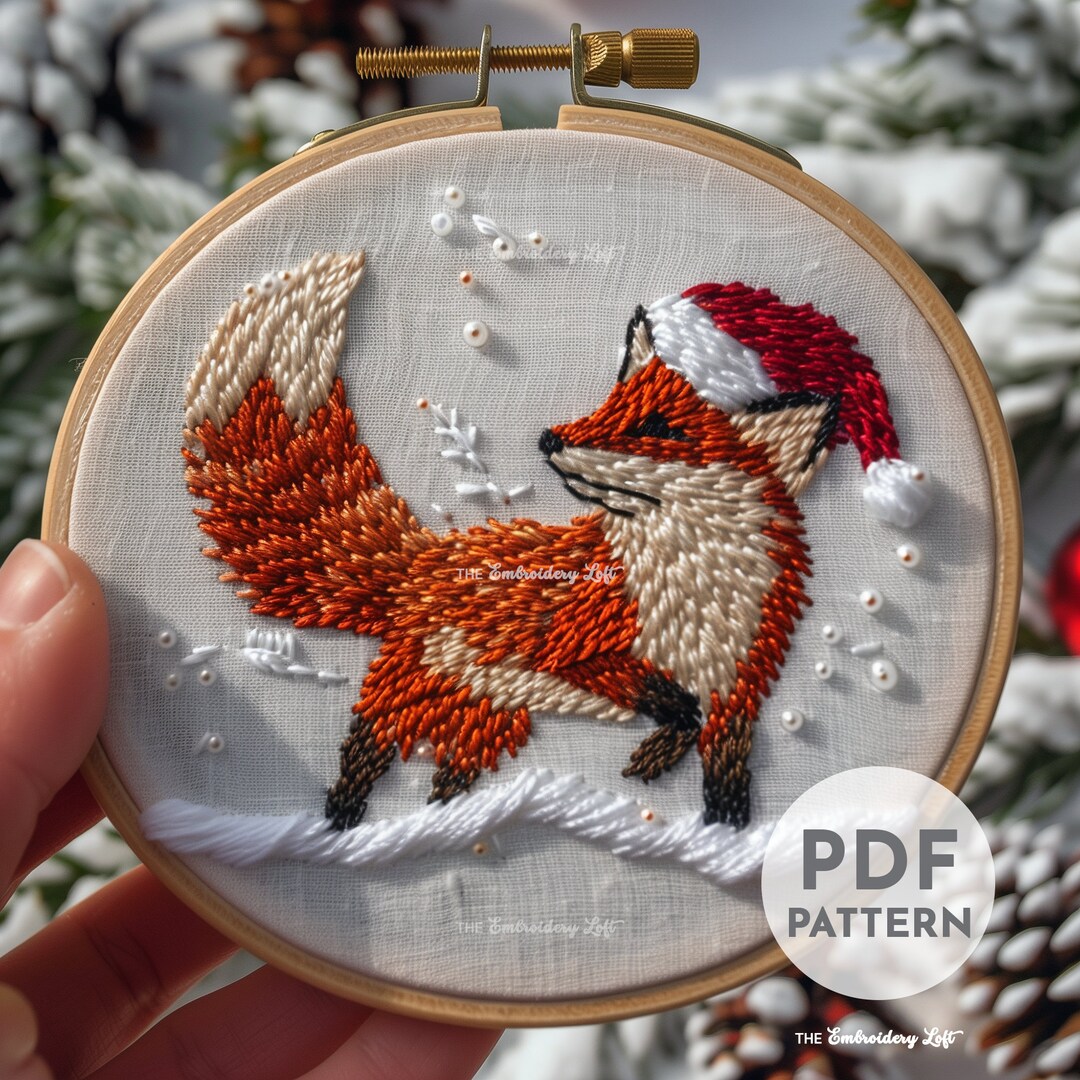 Winter Fox Hand Embroidery Pattern, Fox With Santa Hat Design ...