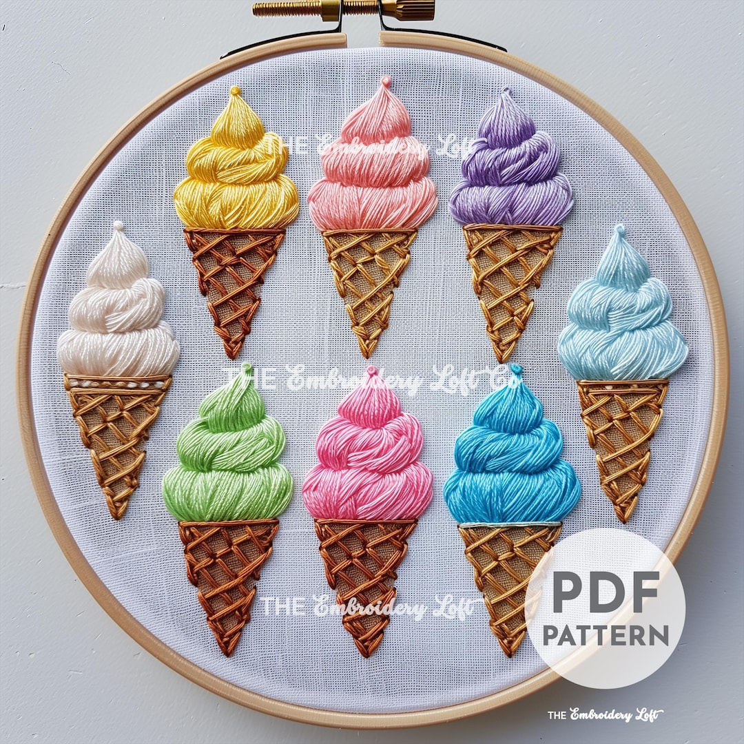 Rainbow Ice Cream Cones Hand Embroidery Pattern, Ice Cream Cone Pattern ...
