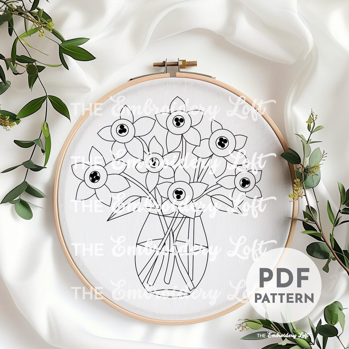 Vase of Daffodils Hand Embroidery Pattern, Yellow Daffodils Pattern ...