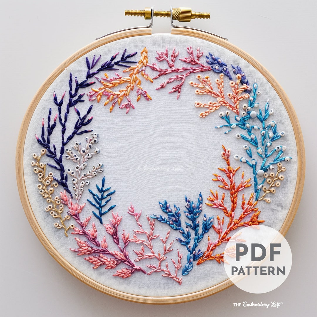 Coral Wreath Hand Embroidery Pattern, Colorful Coral Pattern, Ocean ...