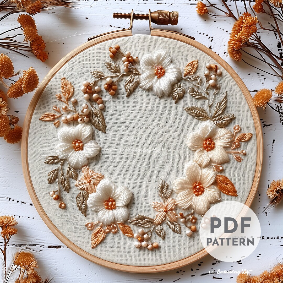 Peachy Wreath Hand Embroidery Pattern, Flower Design, Flower Pattern ...