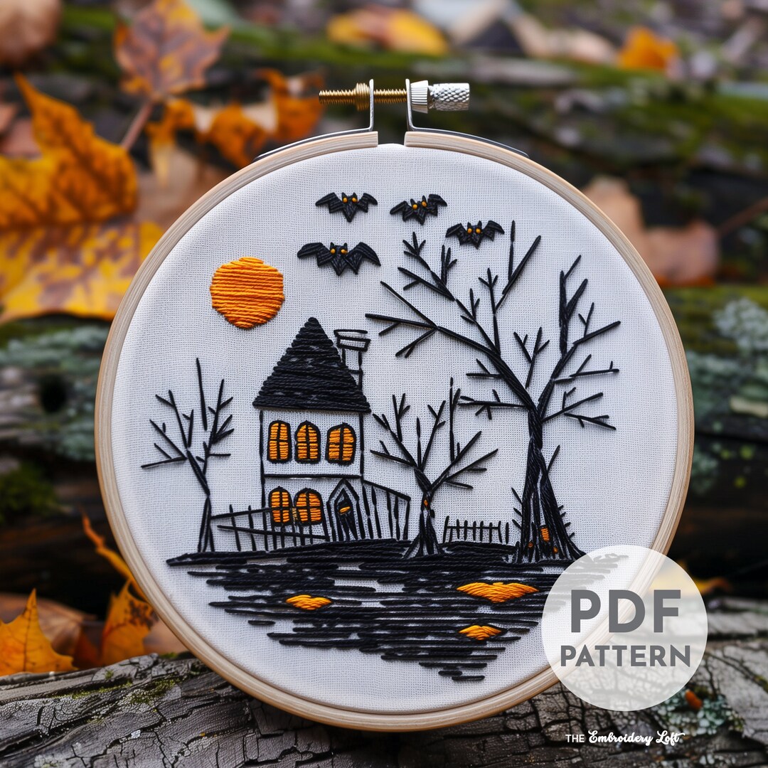 Haunted House Hand Embroidery Pattern, Spooky Embroidery, Halloween ...