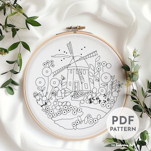 Dutch Windmill Hand Embroidery Pattern, Windmill and Flowers, Windmill ...