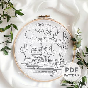 Haunted House Hand Embroidery Pattern, Spooky Embroidery, Halloween Embroidery Pattern, Hand ...