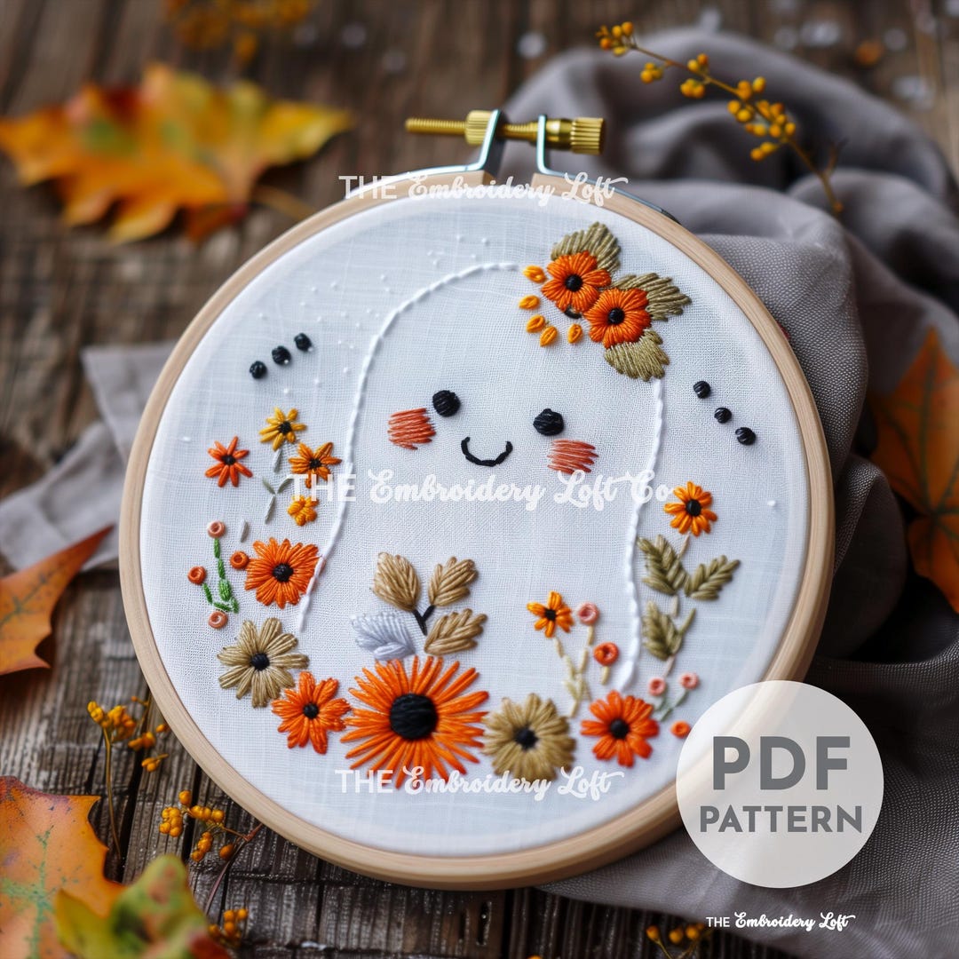 Floral Ghost Hand Embroidery Pattern, Cute Ghost Design, Witchy ...