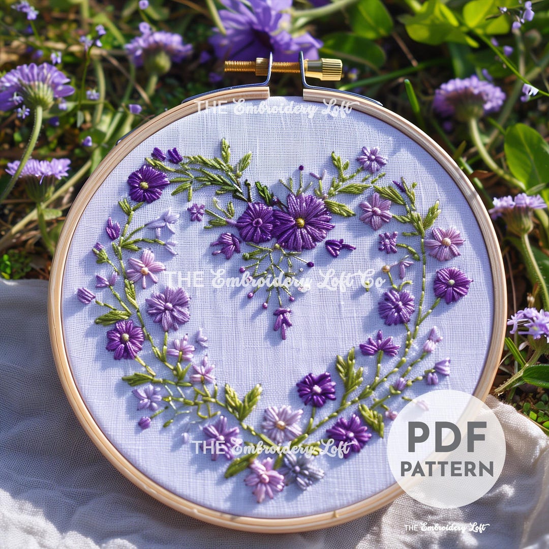 Purple Floral Heart Wreath Hand Embroidery Pattern, Hand Embroidery ...