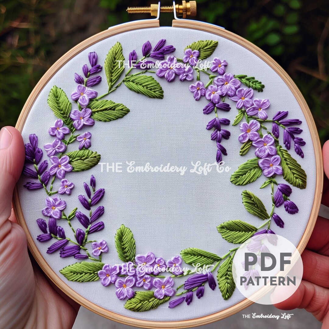 Lilac Wreath Hand Embroidery Pattern, Purple Lilac Flowers Design ...