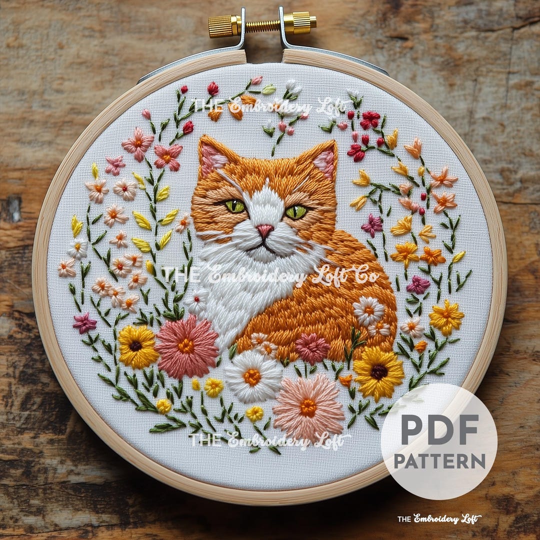 Orange Cat Hand Embroidery Pattern, Orange Cat Design, Pet Embroidery ...