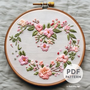 Pink Floral Heart Wreath Hand Embroidery Pattern, Heart Embroidery ...