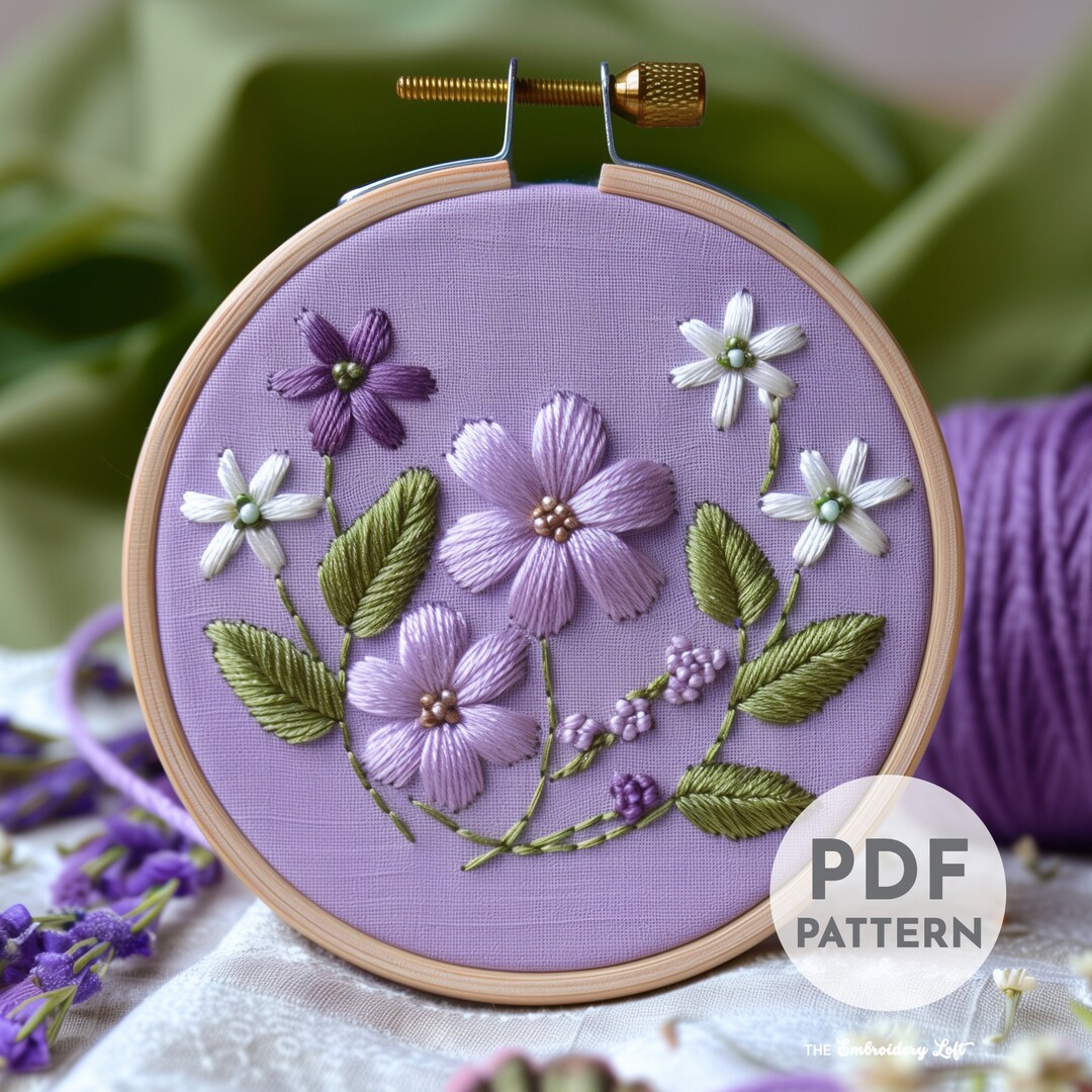 Purple and White Flowers Hand Embroidery Pattern, Purple Flowers ...