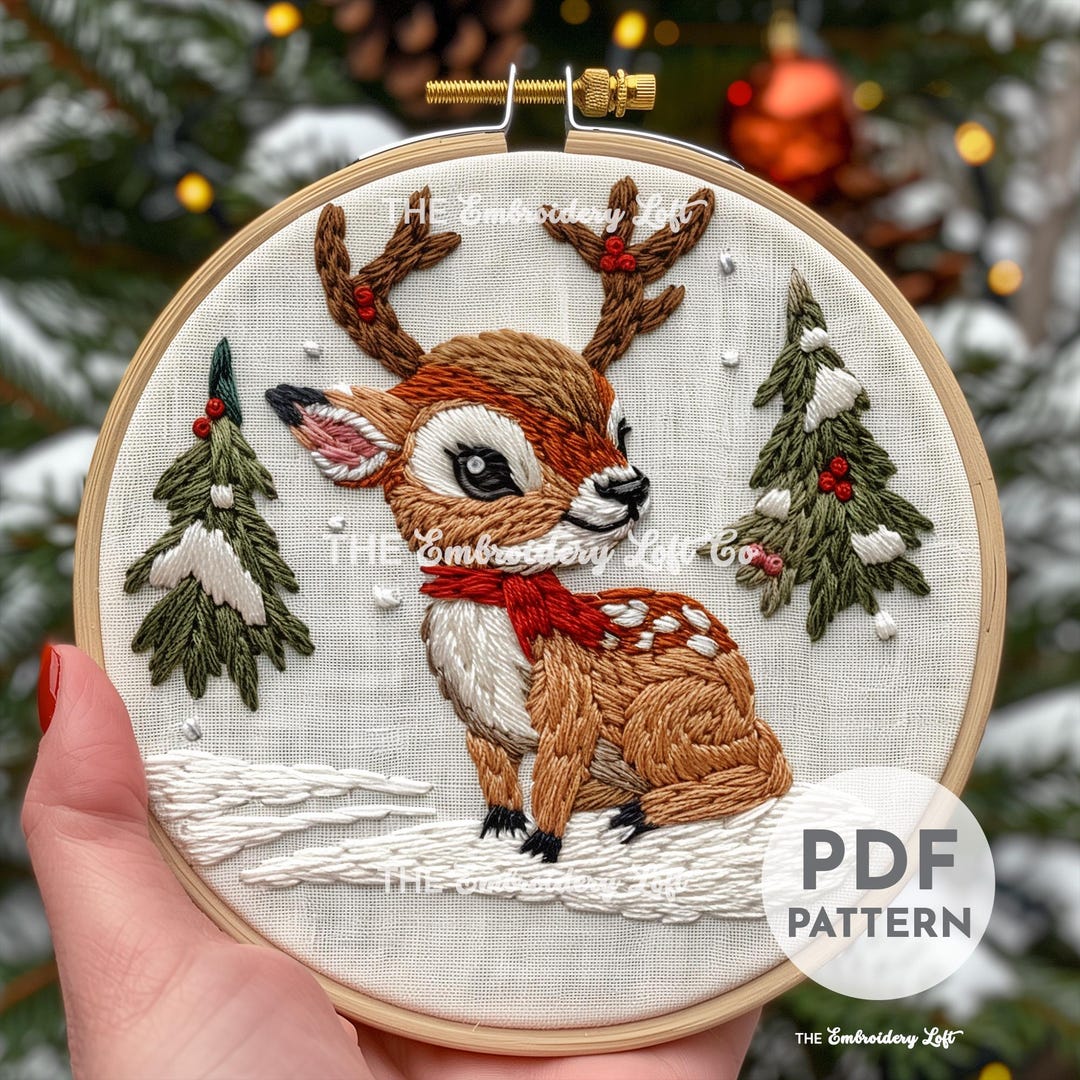 Winter Deer Hand Embroidery Pattern, Baby Deer With Scarf, Winter Deer ...