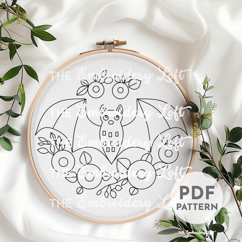 Pink Floral Bat Hand Embroidery Pattern, Cute Pink Bat Embroidery ...