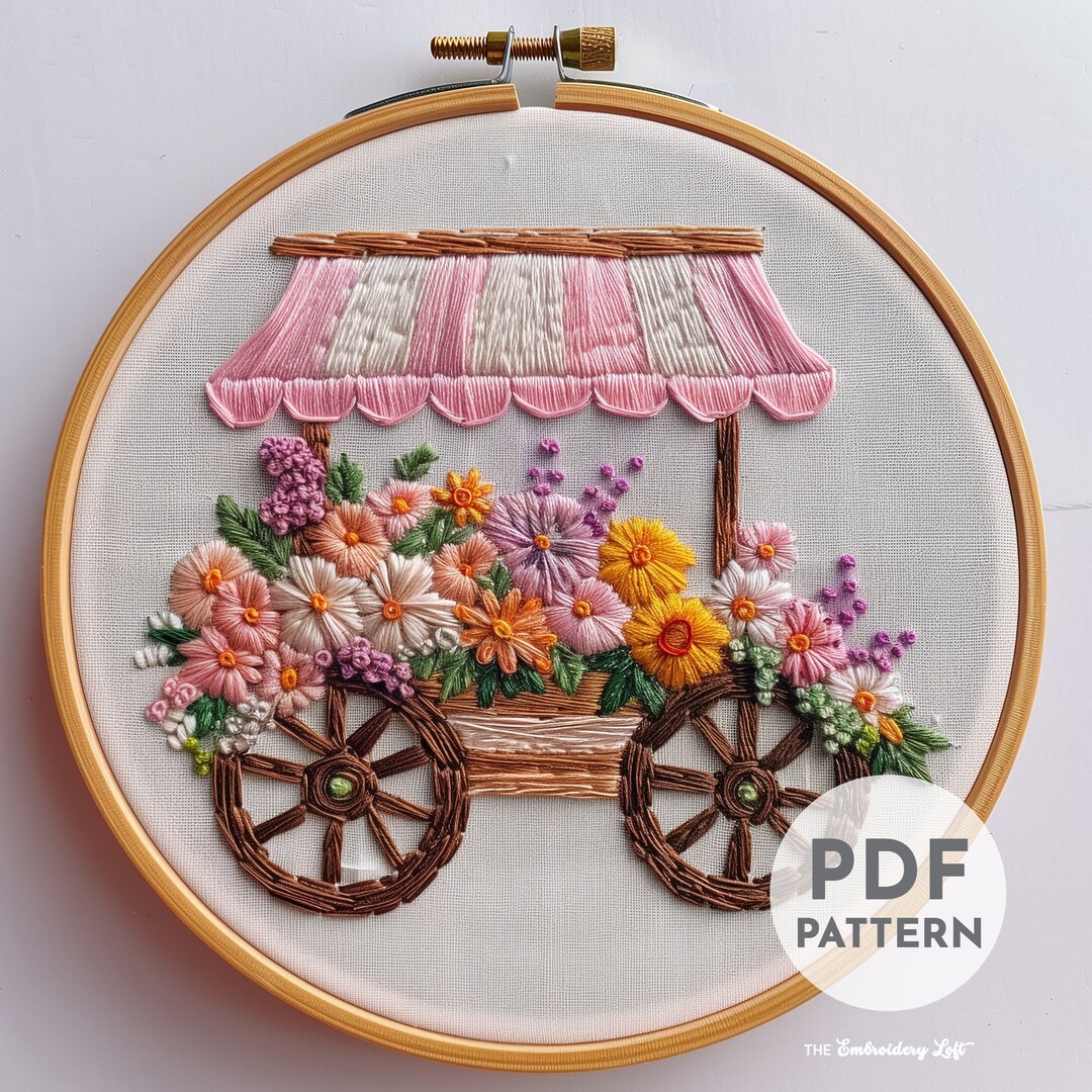 Pink Flower Cart Hand Embroidery Pattern, Flower Stand, Flower Cart ...