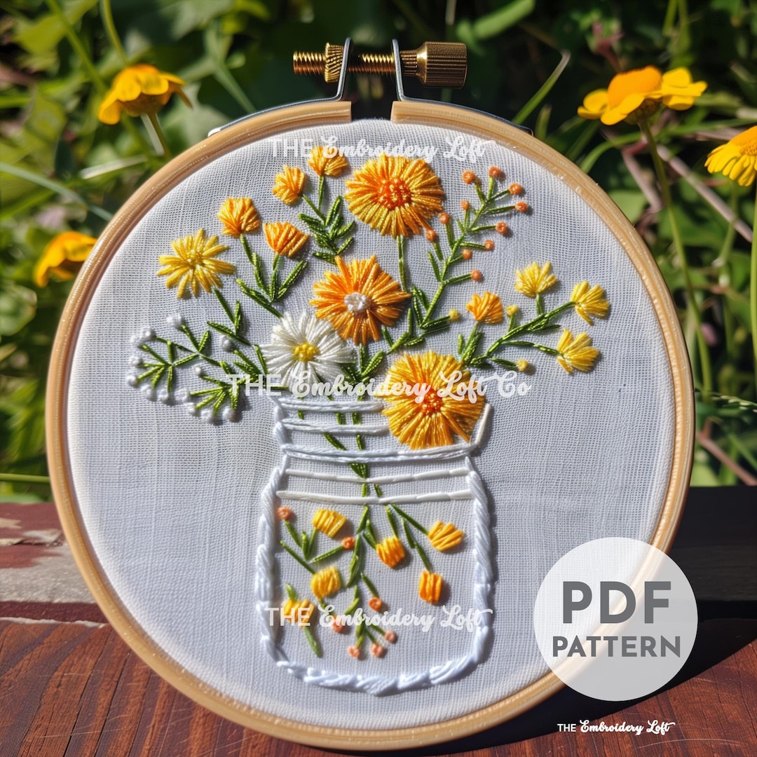 Jar of Flowers Hand Embroidery Pattern, Yellow Flowers Pattern ...