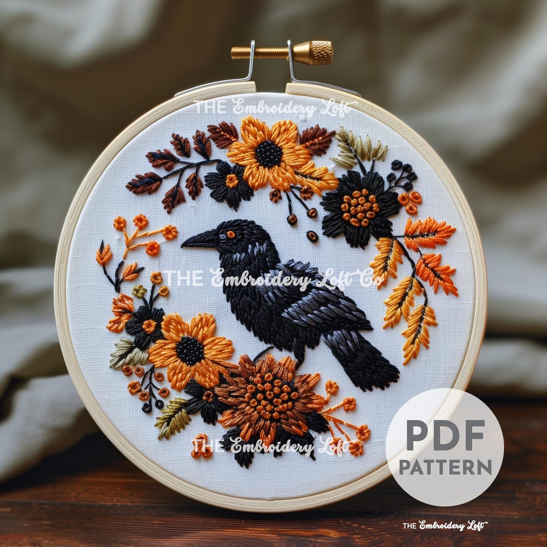 Autumn Raven Hand Embroidery Pattern, Raven Pattern, Autumn Bird ...