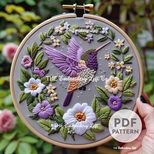 Purple Hummingbird Hand Embroidery Pattern, Hummingbird Pattern, Spring ...