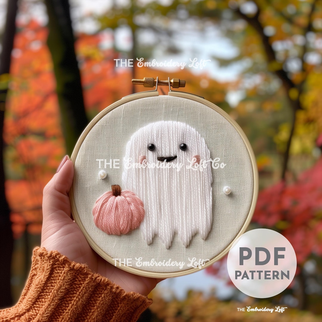 Cute Ghost and Pumpkin Hand Embroidery Pattern, Cute Ghost Design, Pink ...