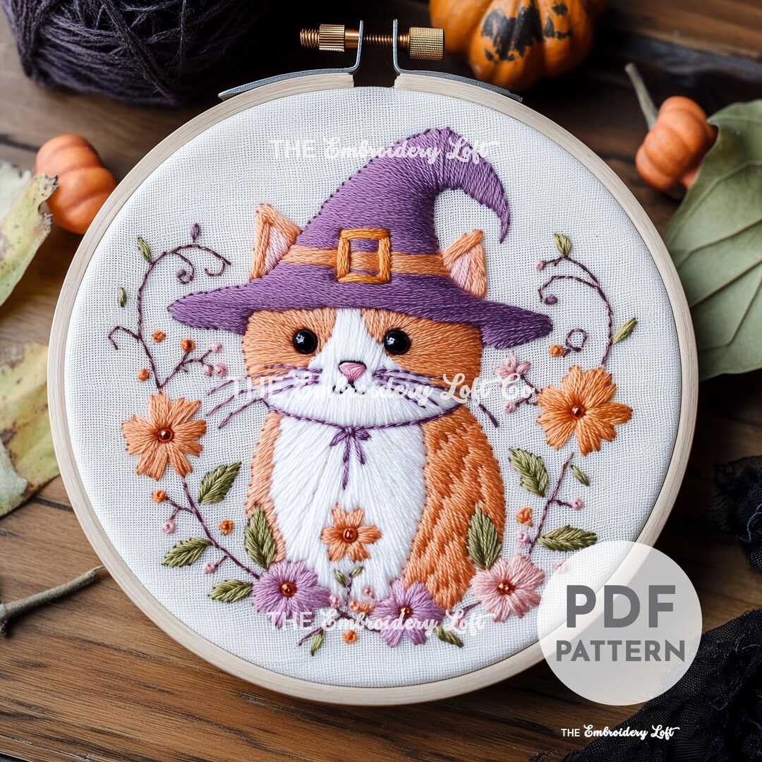 Witchy Cat Hand Embroidery Pattern, Orange Cat Embroidery Pattern ...