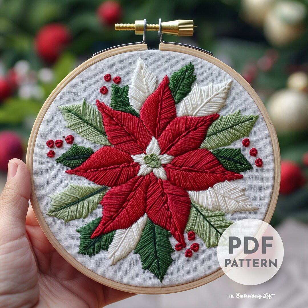 Poinsettia Hand Embroidery Pattern, Christmas Embroidery Pattern ...