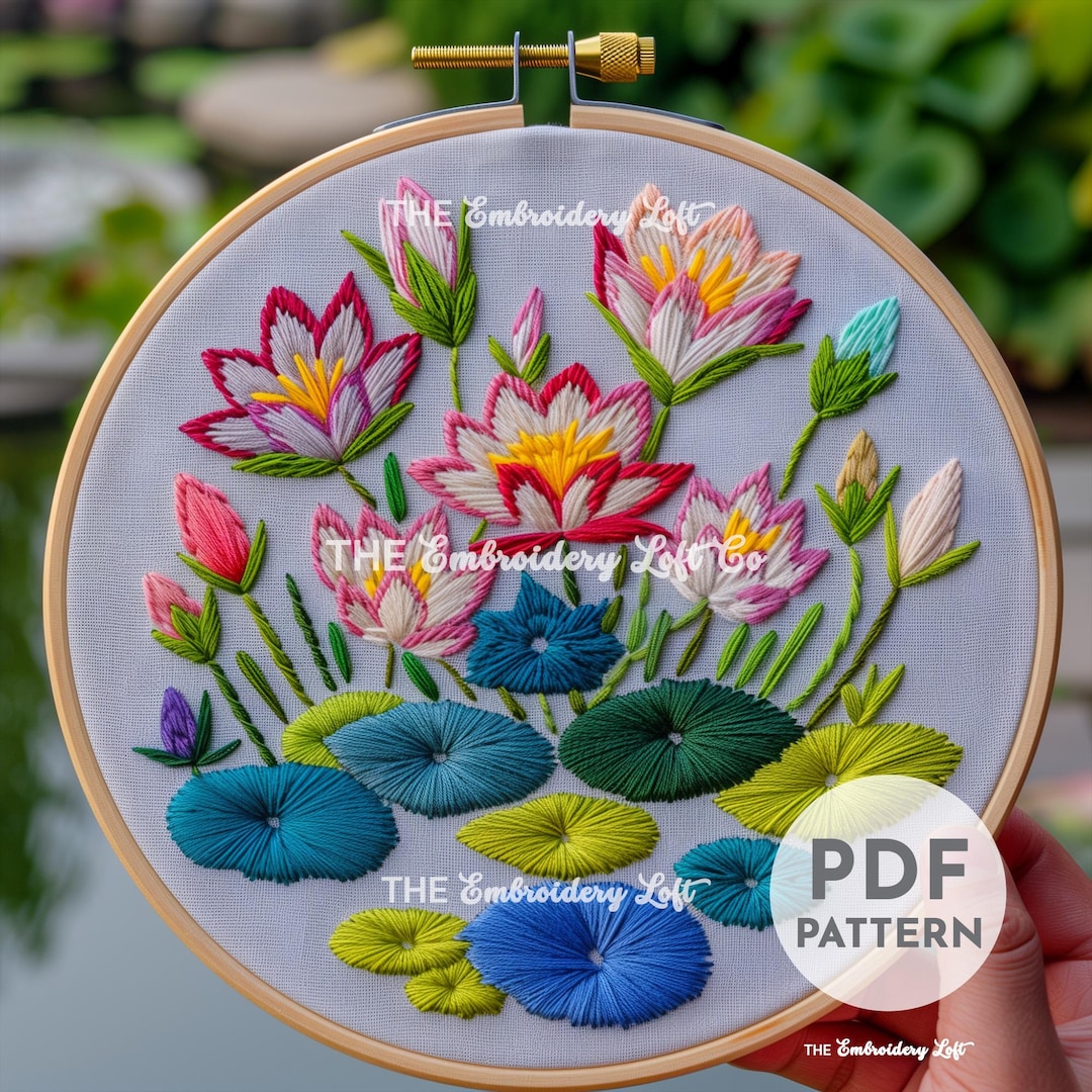 Colorful Water Lilies Hand Embroidery Pattern, Lily Pad Pattern, Water ...