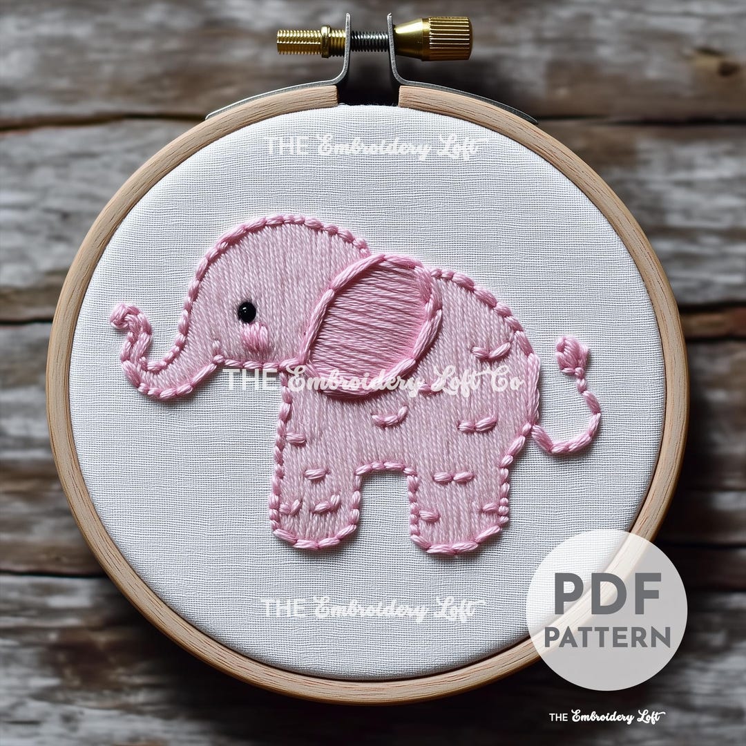 Pink Baby Elephant Hand Embroidery Pattern, Nursery Embroidery, Baby ...