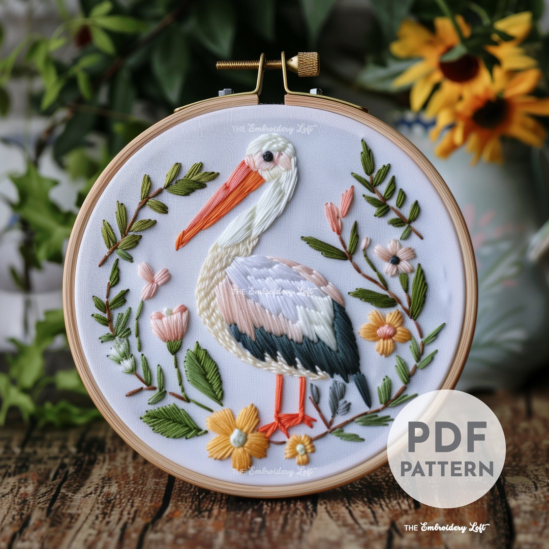 Floral Stork Hand Embroidery Pattern, Stork Bird Pattern, Cute Stork ...