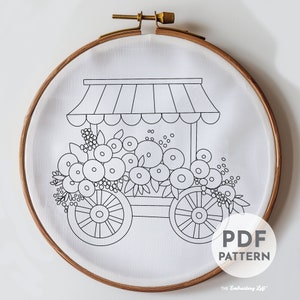 Pink Flower Cart Hand Embroidery Pattern, Flower Stand, Flower Cart ...
